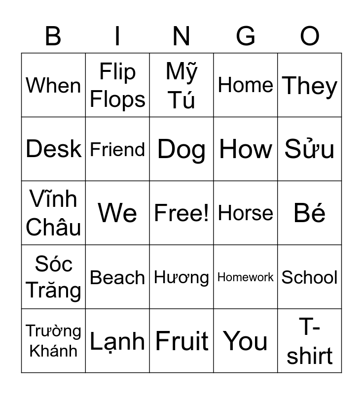 Alyssa's English Bingo Game Bingo Card