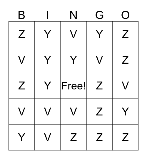 V, Y, and Z Beginning Consonants Bingo Card