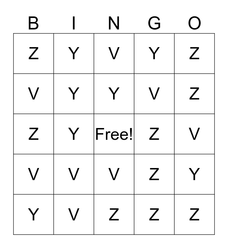 V, Y, and Z Beginning Consonants Bingo Card