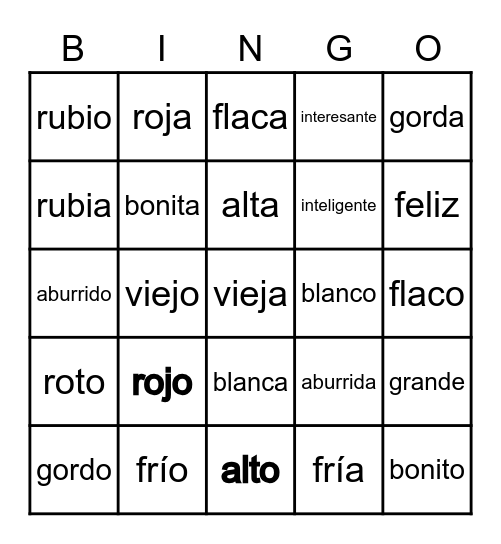 Adjetivos Bingo Card