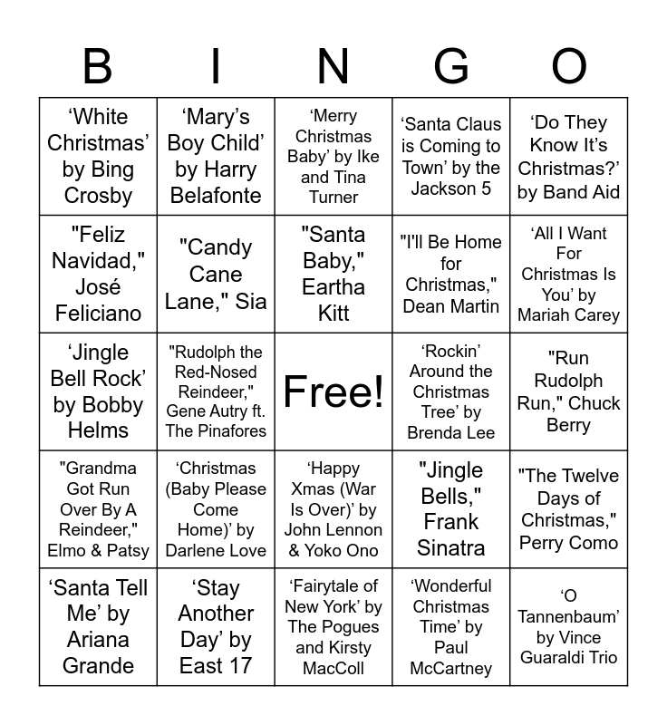 Christmas Music Bingo Card