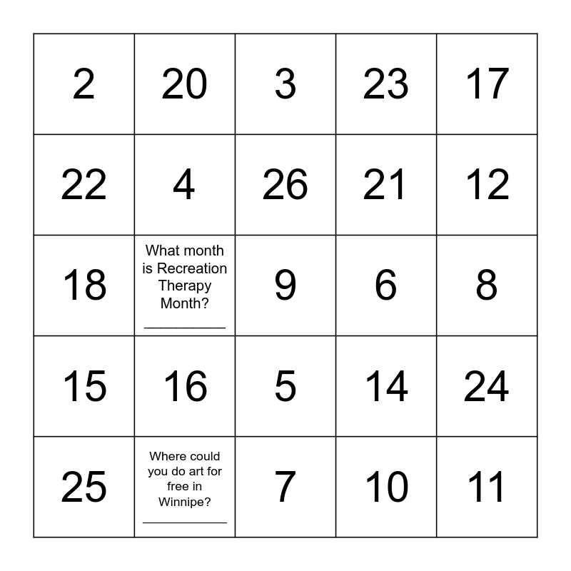 Recreation Therapy Bingo Card