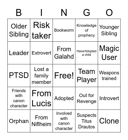 Original Character Bingo Card