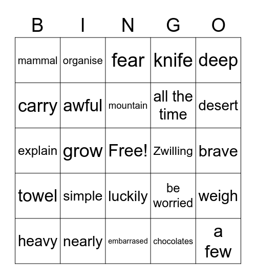 Vocabulary Progress Check 2 (M2 - U3/4/5) Bingo Card