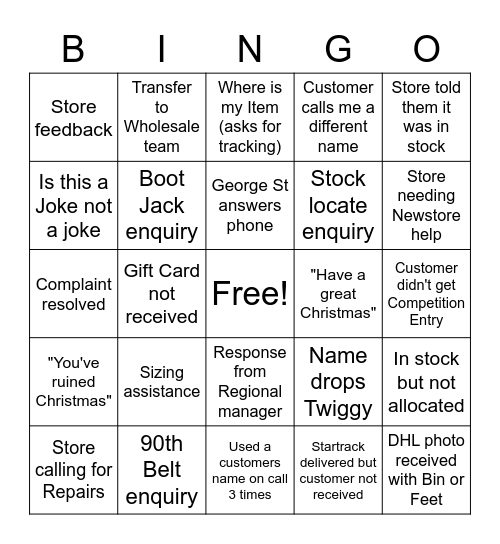 Customer Service Christmas Bingo Card Customer Service Christmas Bingo Card