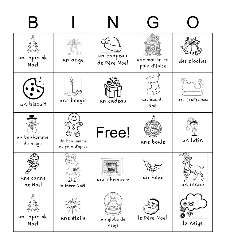 Vocabulaire de Noël Bingo Card