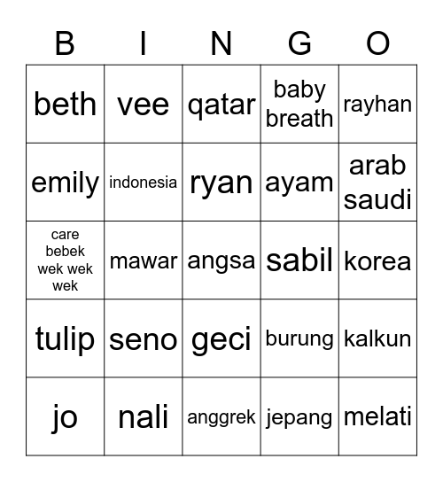 picka Bingo Card