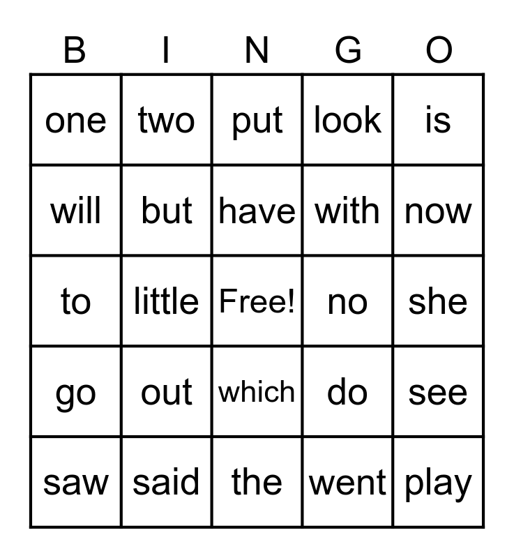 High Frequency Words Bingo Card