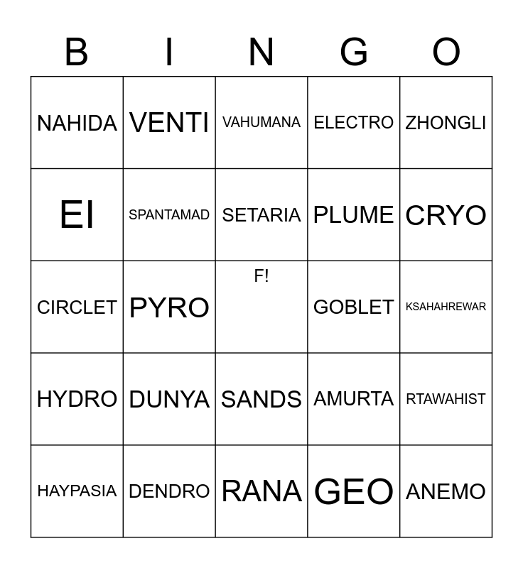 Untitled Bingo Card