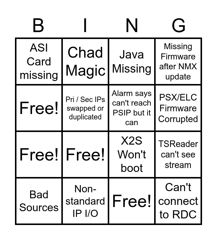 X2S 2019 Upgrade Bingo Card