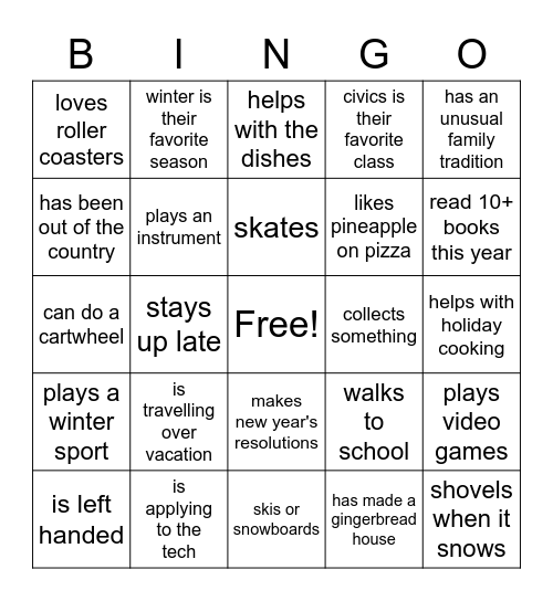 Holiday Break BINGO Card