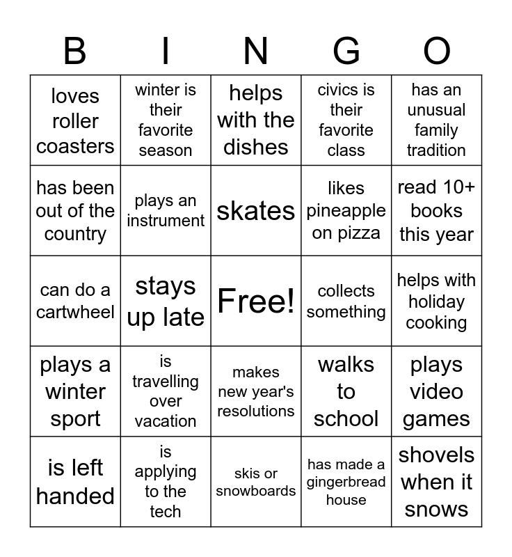 Holiday Break BINGO Card