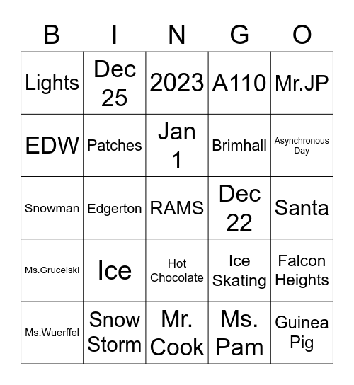 Winter Break BINGO Card