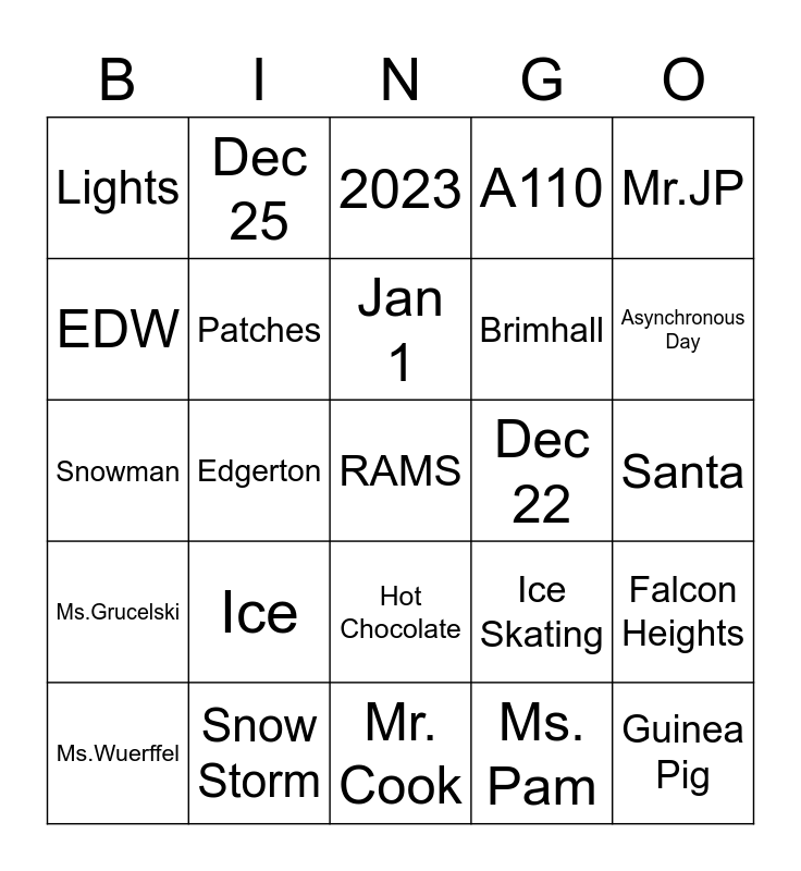 Winter Break BINGO Card