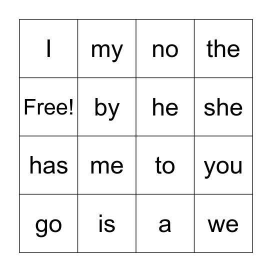 sight word card Bingo Card