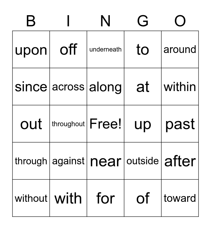 Preposition Bingo Card