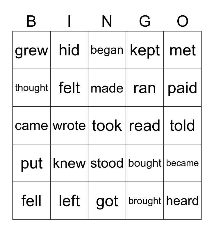 IRREGULAR VERBS BINGO - 8th grade Bingo Card