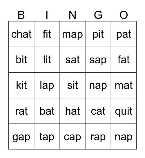 Word Family Bingo -at, -ap, -it Bingo Card
