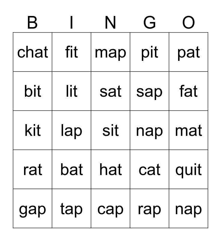 Word Family Bingo -at, -ap, -it Bingo Card