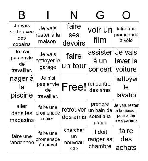 Les Activités du Week-end Bingo Card
