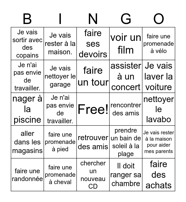 Les Activités du Week-end Bingo Card