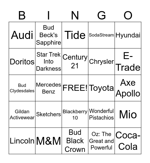 Super Bowl Ad Bingo Card
