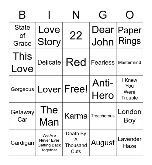 Taylor Swift BINGO Card