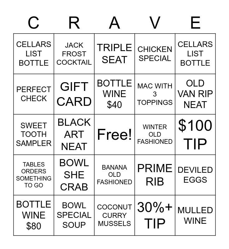 CRAVE Bingo Card
