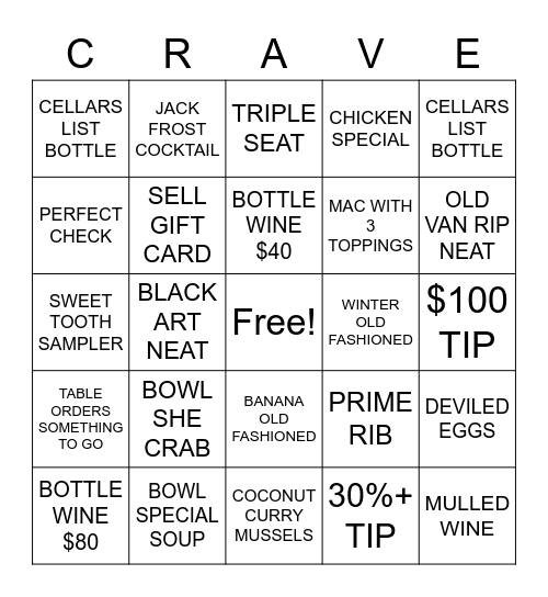 CRAVE Bingo Card