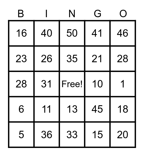 BINGO NUMBER Bingo Card