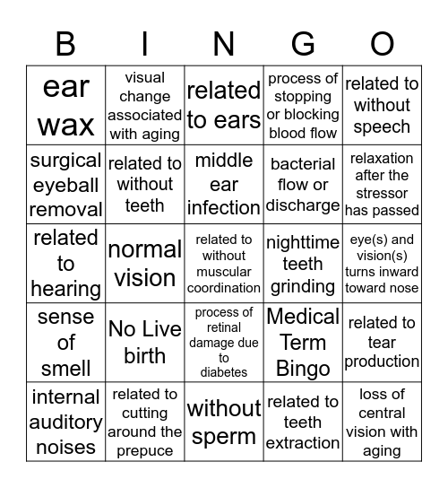 Medical Term Bingo Card