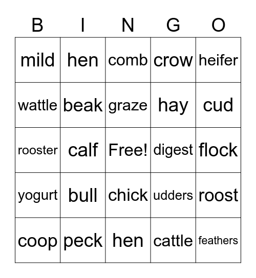 Cows and Chickens Bingo Card
