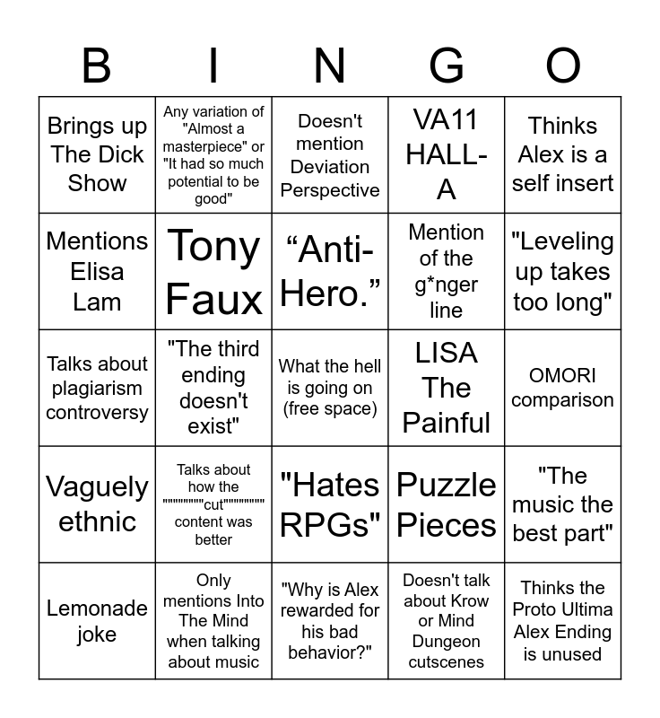 YIIK Video Essays Bingo Card