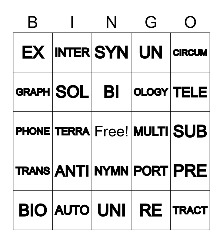 ROOT WORDS Bingo Card