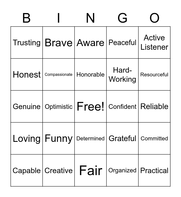 Positive Traits Bingo Card