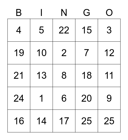 Numbers 1 to 25 Bingo Card
