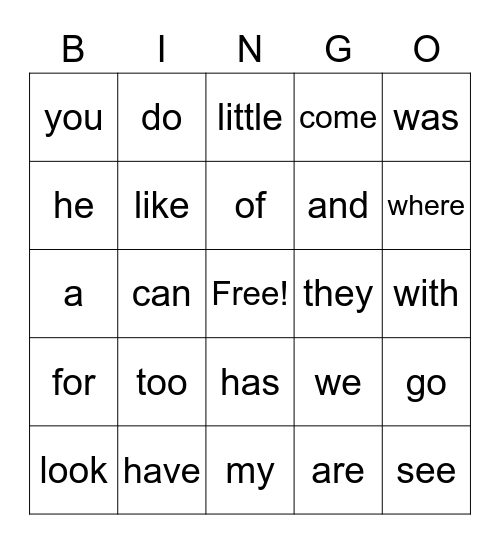 Kindergarten High Frequency Words (OUSD) Bingo Card