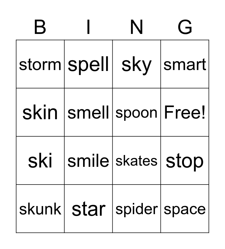 Phonics- sm st sp sk Bingo Card