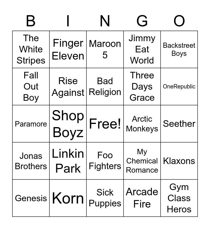 Top Bands From 2007 Bingo Card