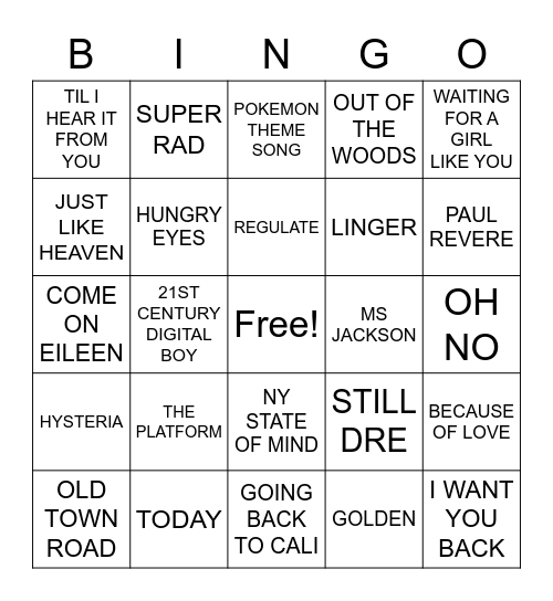 Datz Music Bingo Card