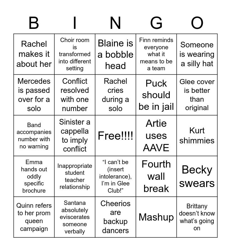 Glee Bingo Card