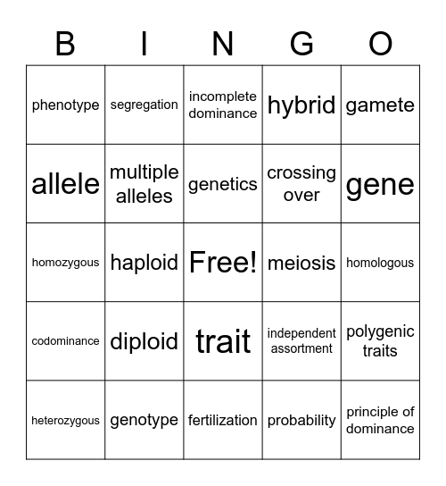 Introduction to Genetics Bingo Card