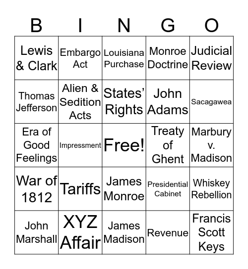 Early Republic Era Bingo Card