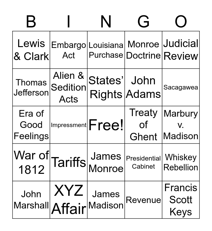 Early Republic Era Bingo Card
