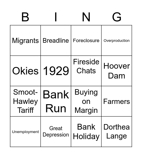 Great Depression Bingo Card