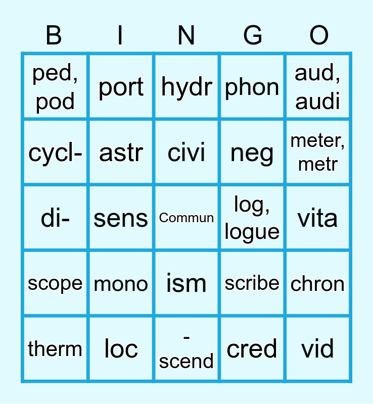 Root Word BINGO Card