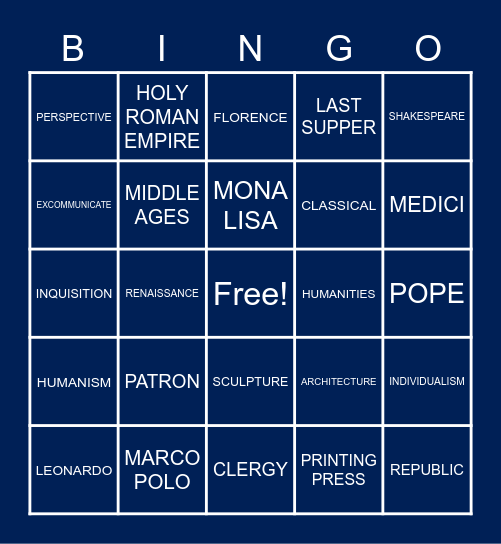 Renaissance Vocab Bingo Card