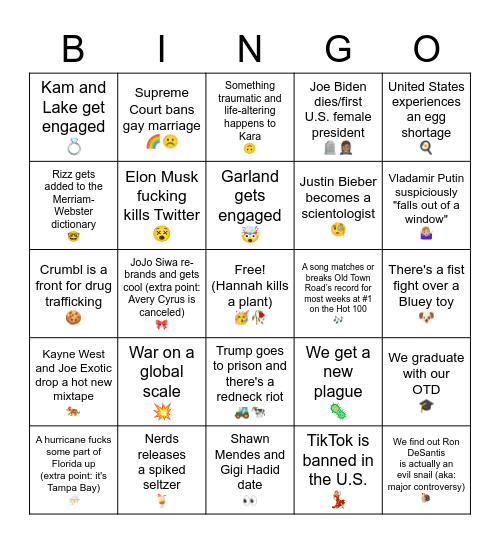 Kara's Chaotic 2023 BINGO Card