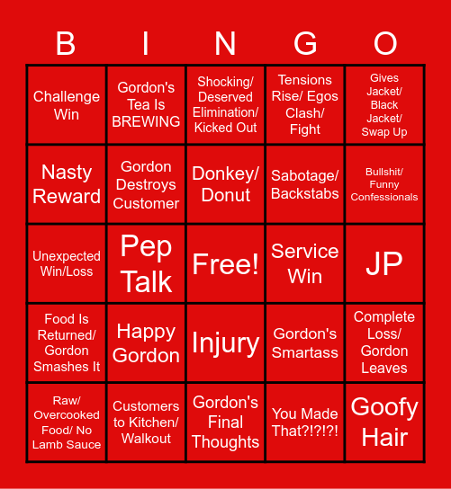 Hells Kitchen Bingo Card