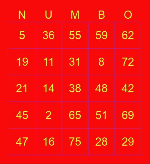 MATH NUMBO CARD Bingo Card